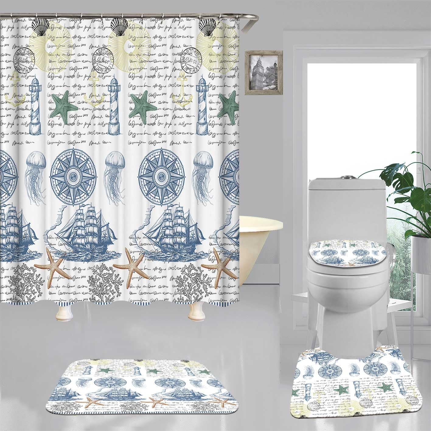 4PCS Teal Sea Turtle Shower Curtain Sets with Rugs, Waterproof Fabric ...
