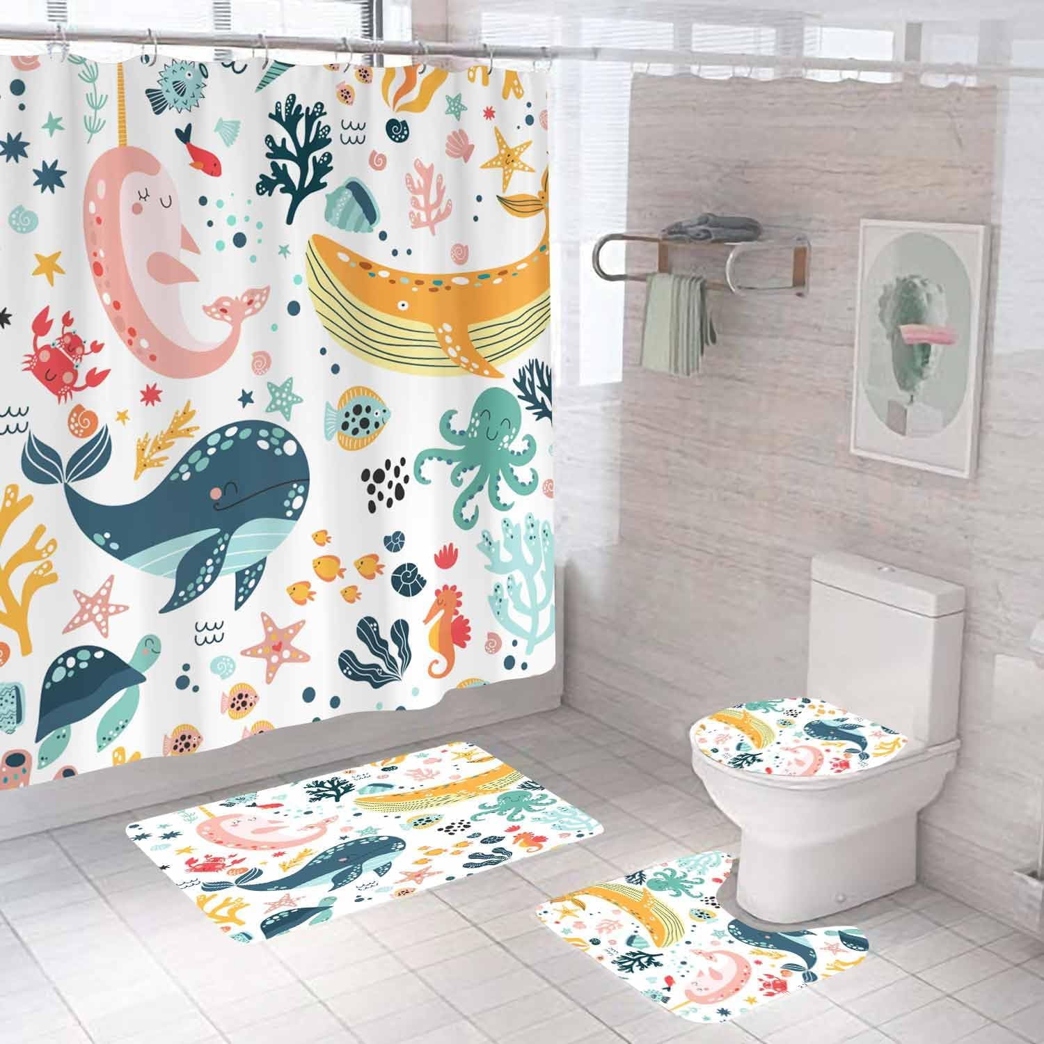 4PCS Teal Sea Turtle Shower Curtain Sets with Rugs, Waterproof Fabric ...