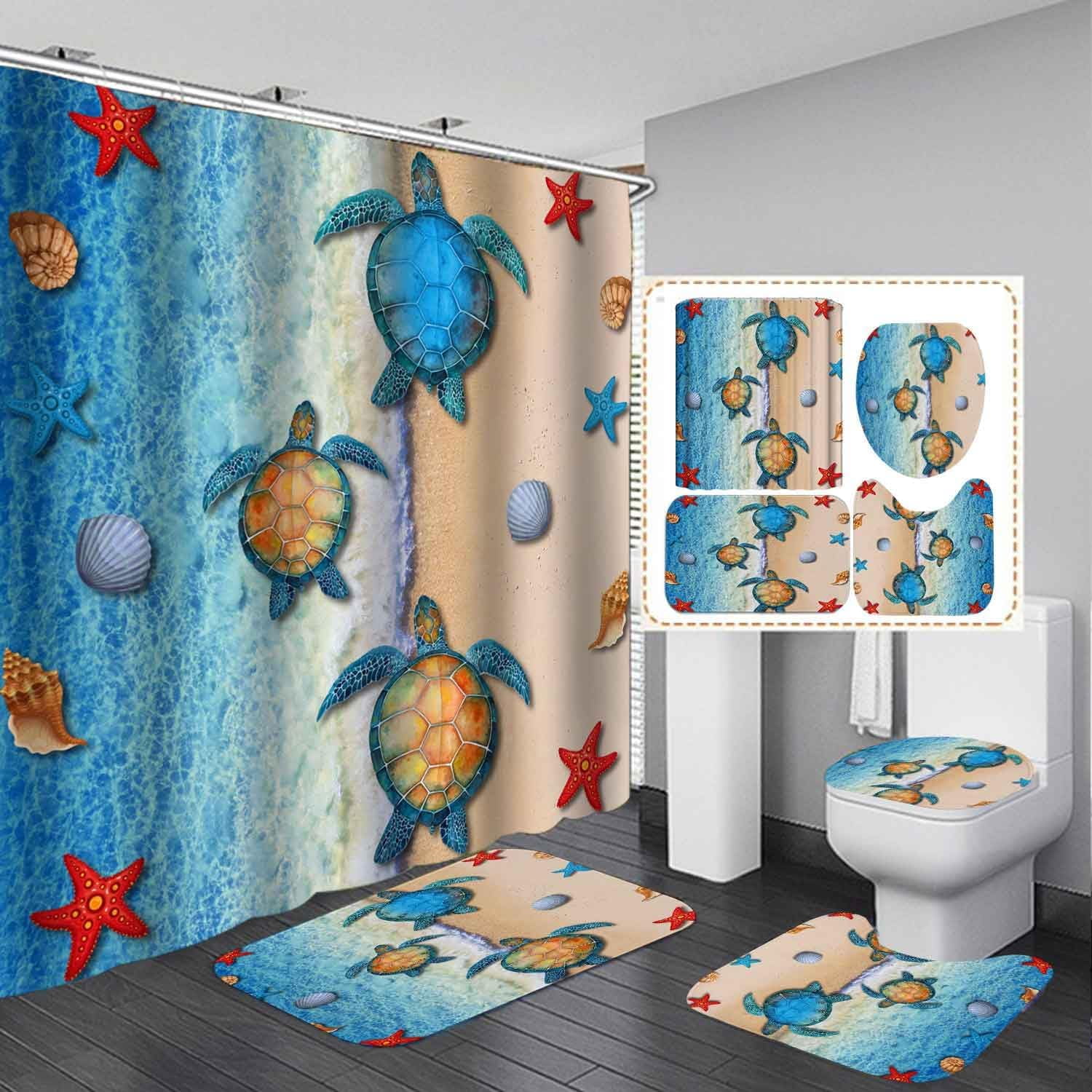 4PCS Teal Sea Turtle Shower Curtain Sets with Rugs, Waterproof Fabric ...