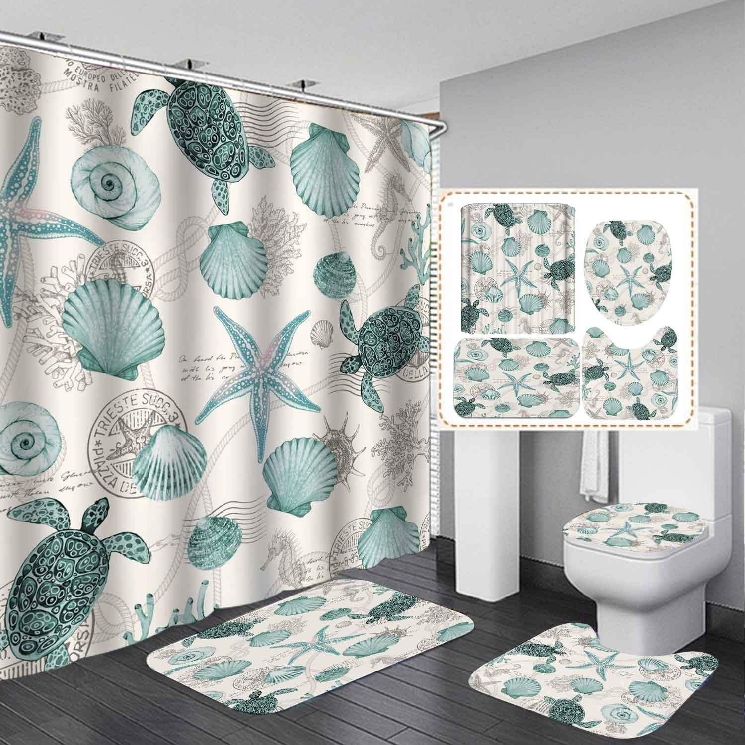 4PCS Teal Sea Turtle Shower Curtain Sets with Rugs, Waterproof Fabric ...