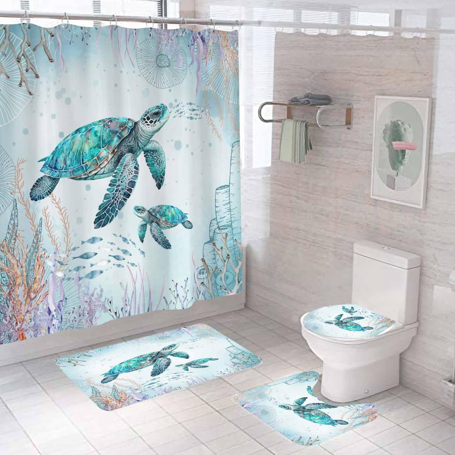 4pcs Teal Sea Turtle Shower Curtain Sets With Rugs Waterproof Fabric