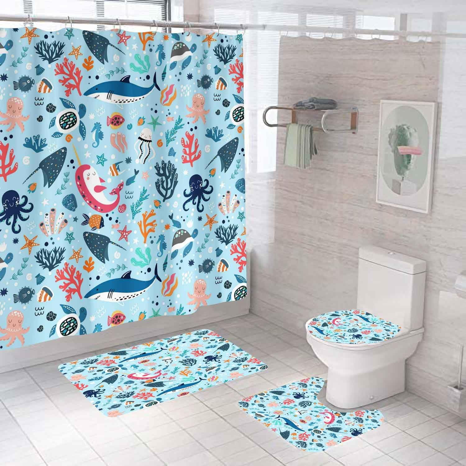 4PCS Teal Sea Turtle Shower Curtain Sets with Rugs, Waterproof Fabric ...