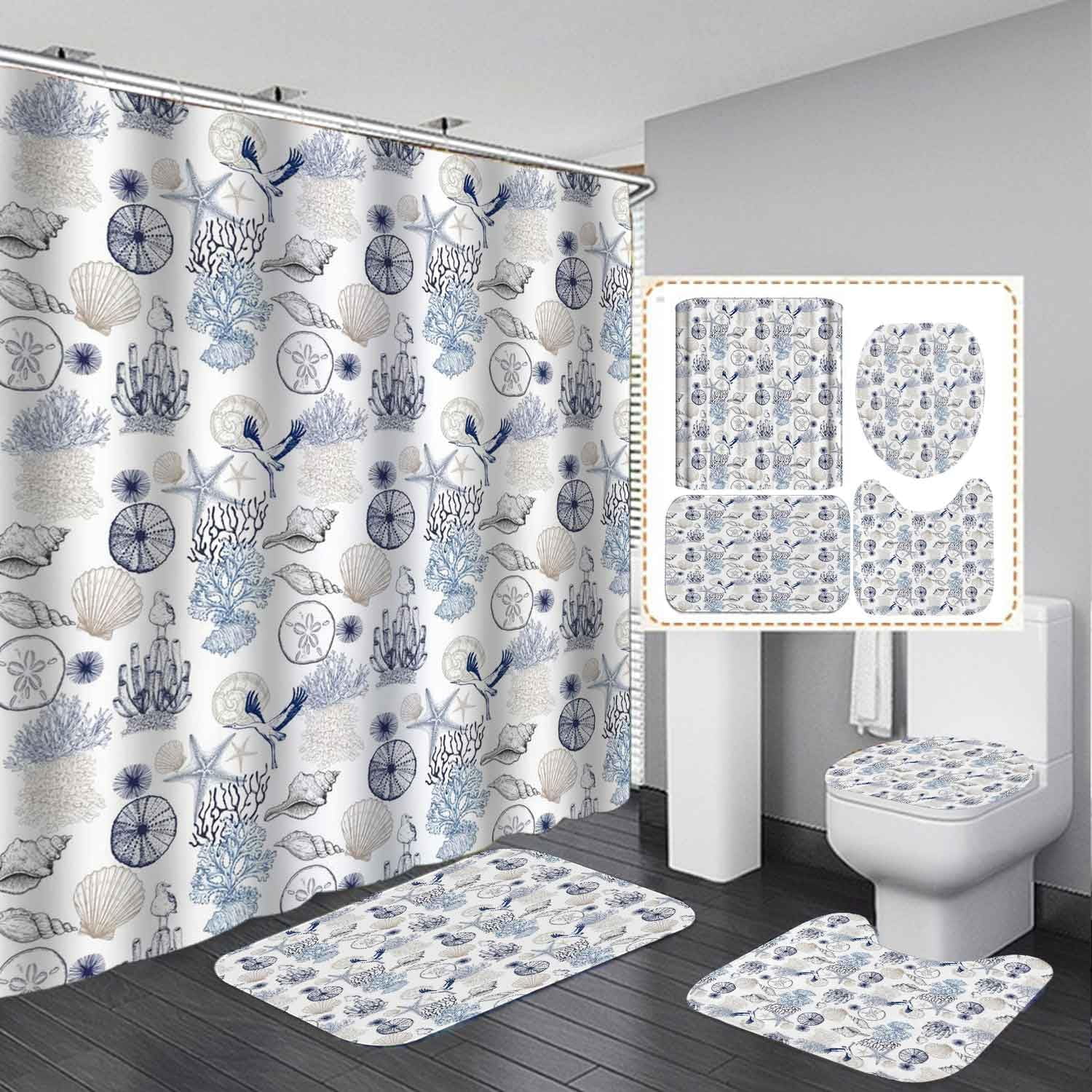 4PCS Teal Sea Turtle Shower Curtain Sets with Rugs, Waterproof Fabric ...