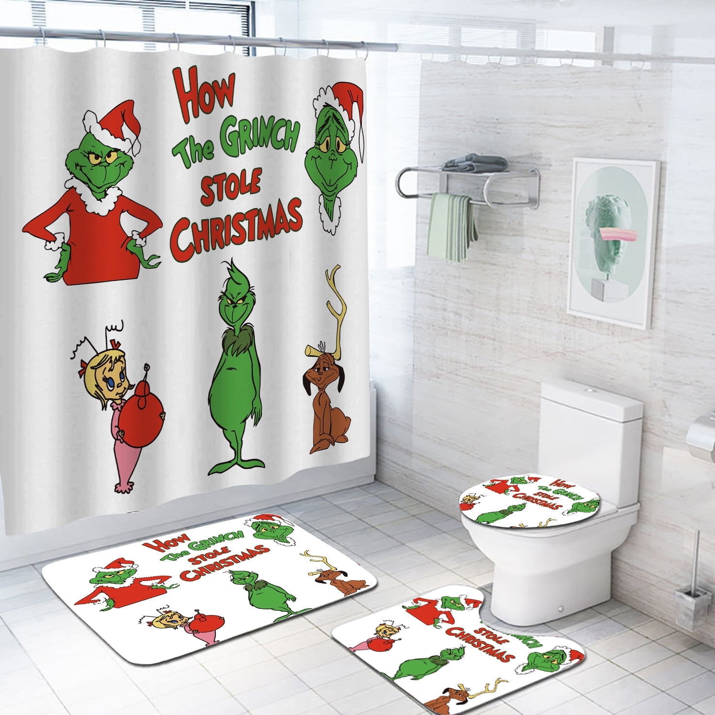 4PCS The Grinch Stole Christmas Printed Shower Curtain Toilet Lid Cover ...