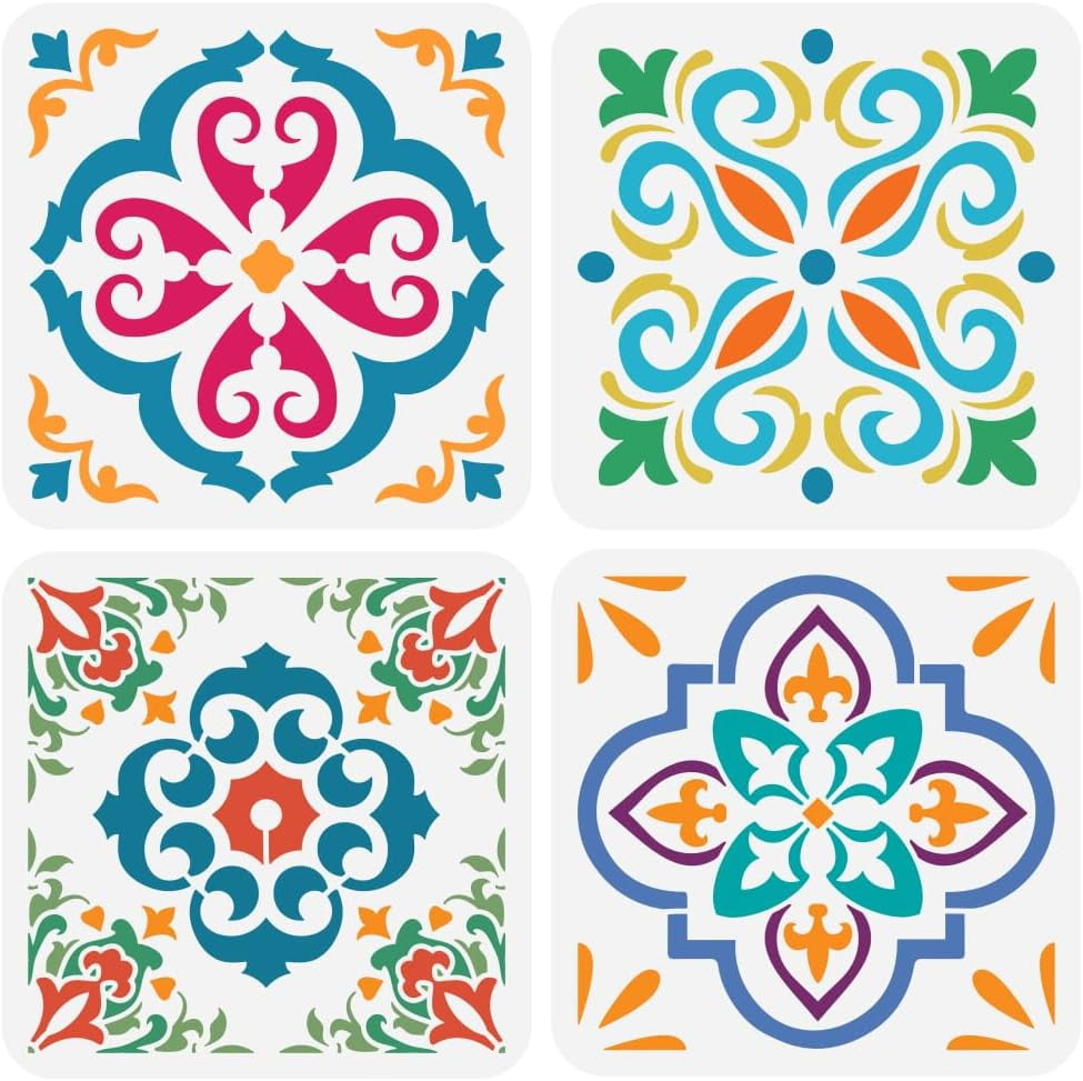 4PCS Tile Pattern Painting Stencil 7.9x7.9inch Damask Border Stencil ...