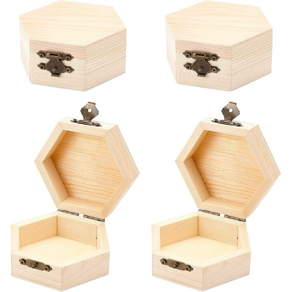 4PCS Unfinished Wooden Box Unpainted Pine Storage Box with Hinged Lid ...