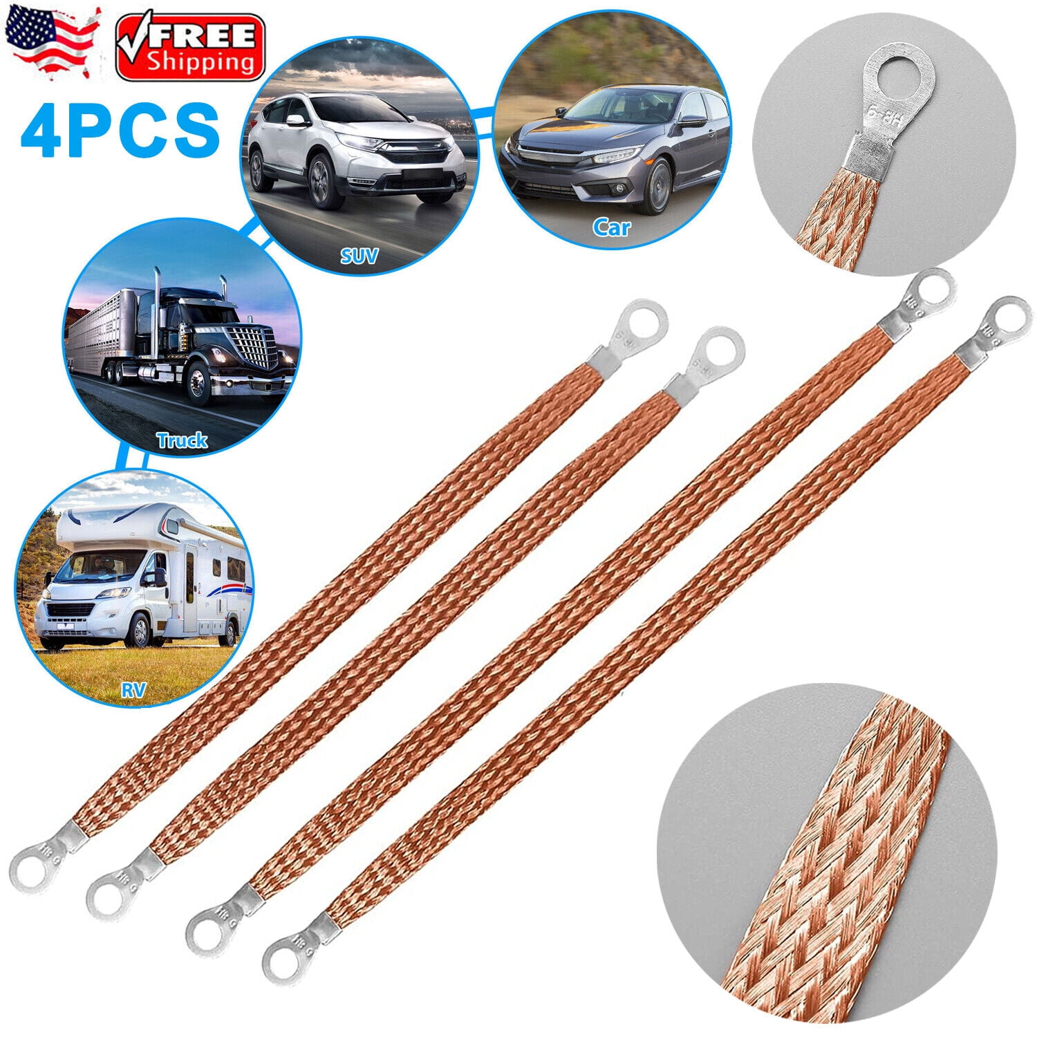 4PCS Universal Automotive Ground Strap Tinned Copper Car Engine Ground ...