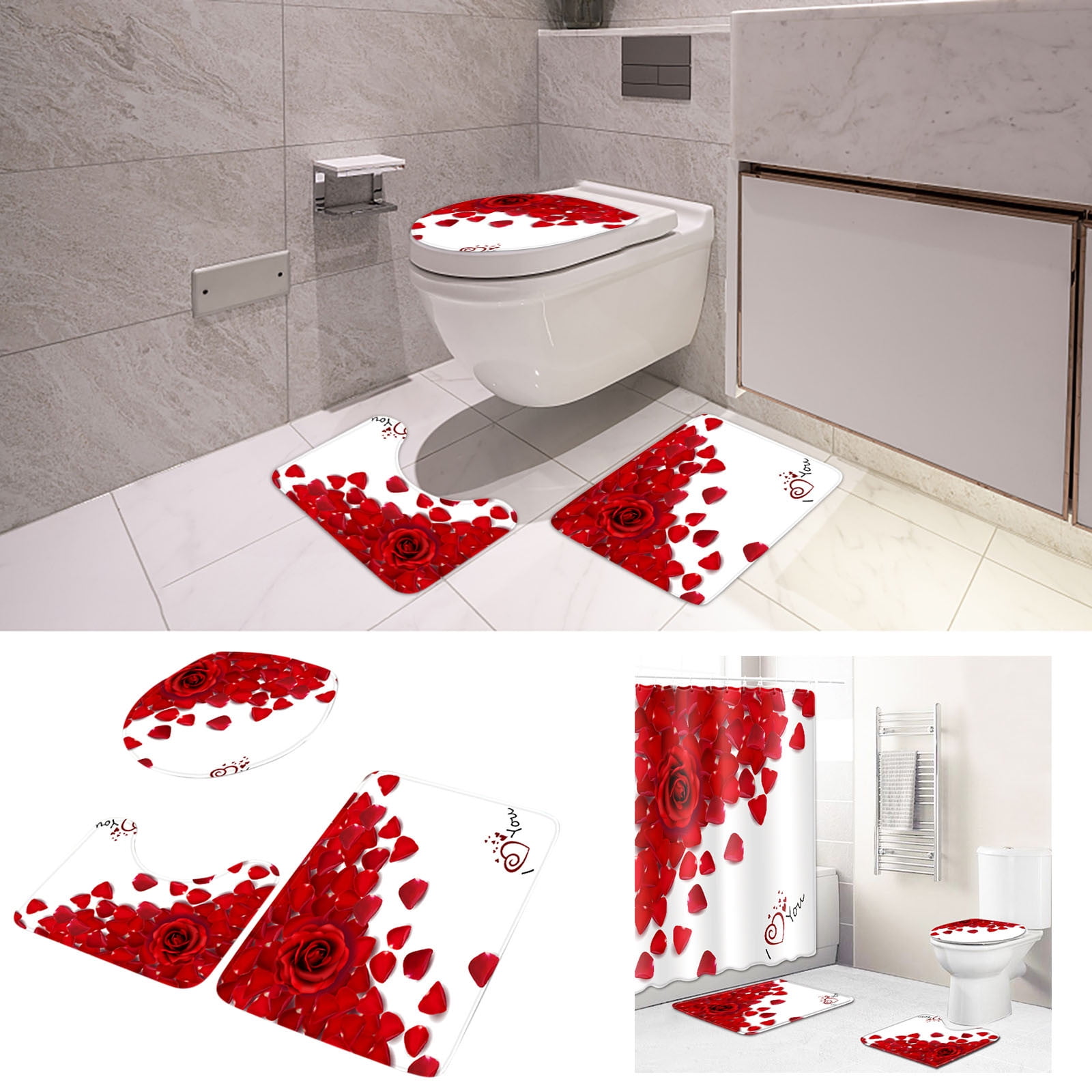 4PCS Valentines Shower Curtain Set Valentine's Day Red Rosa Bathroom ...