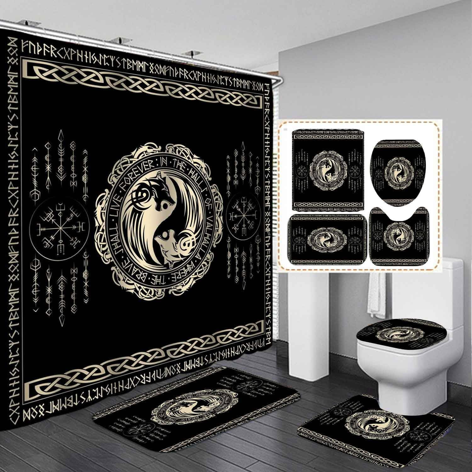 4PCS Viking Crow Shower Curtain Sets with Rugs, Waterproof Fabric Black ...