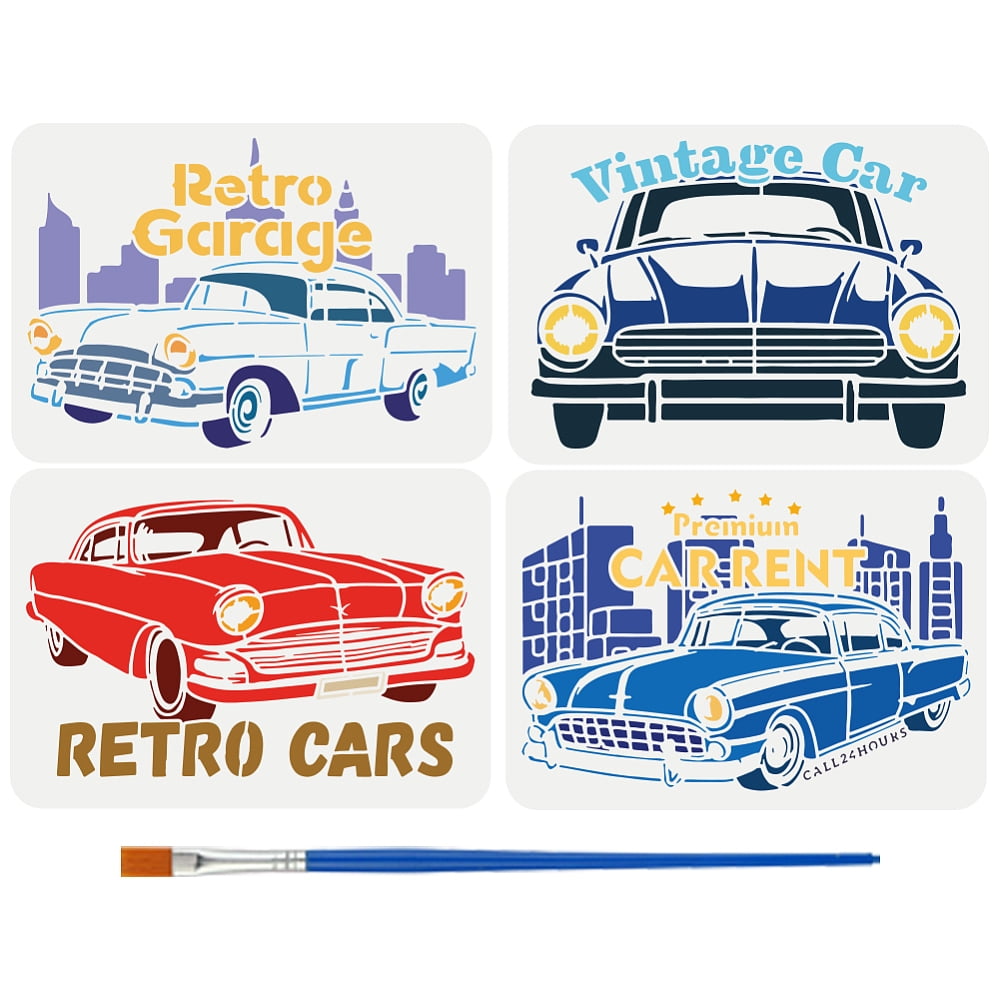4PCS Vintage Car Stencils with Plastic Brush 8.3x11.7 Inch Reusable ...