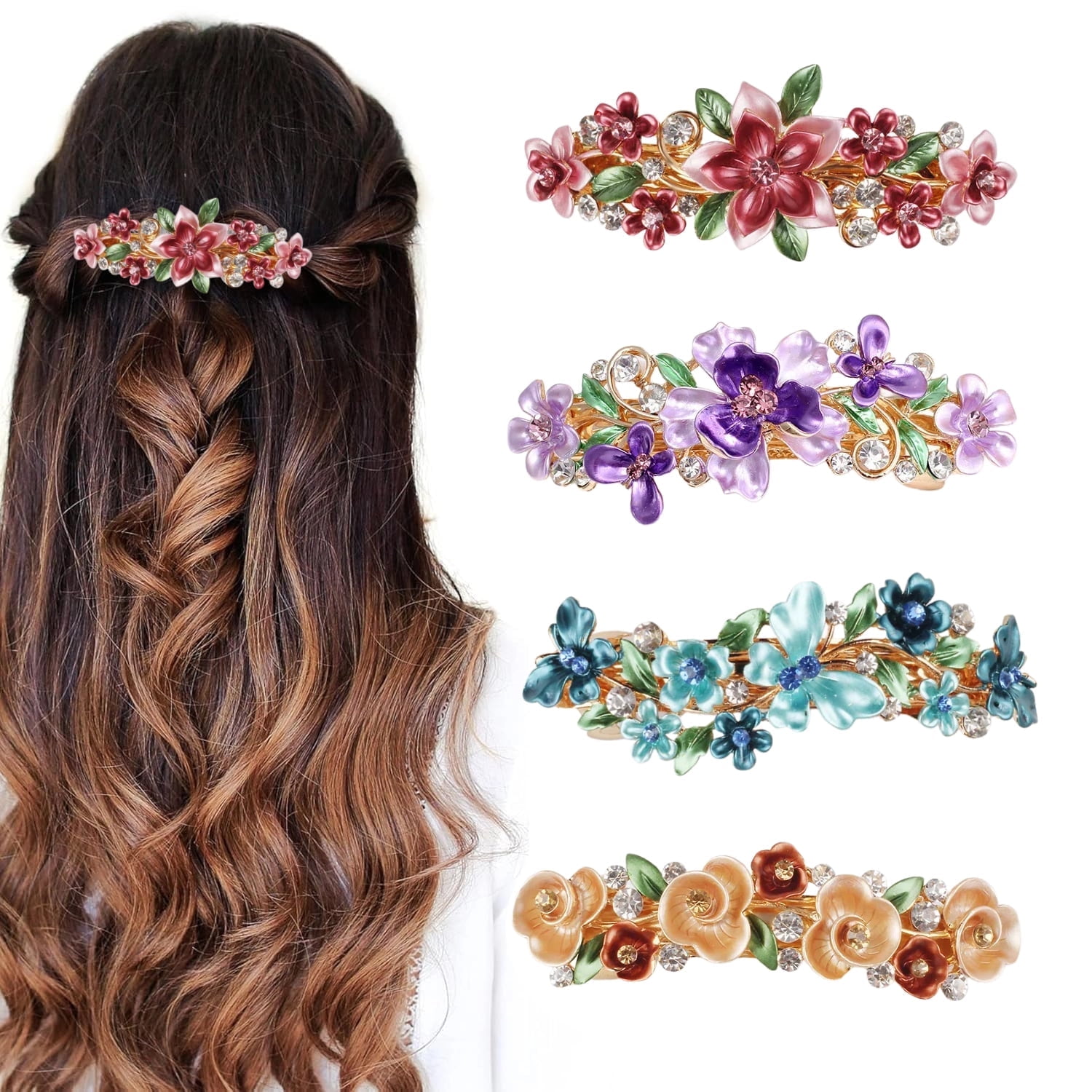 VETPW Vintage Flower Hair Barrettes, Colorful Floral Rhinestone Clips ...