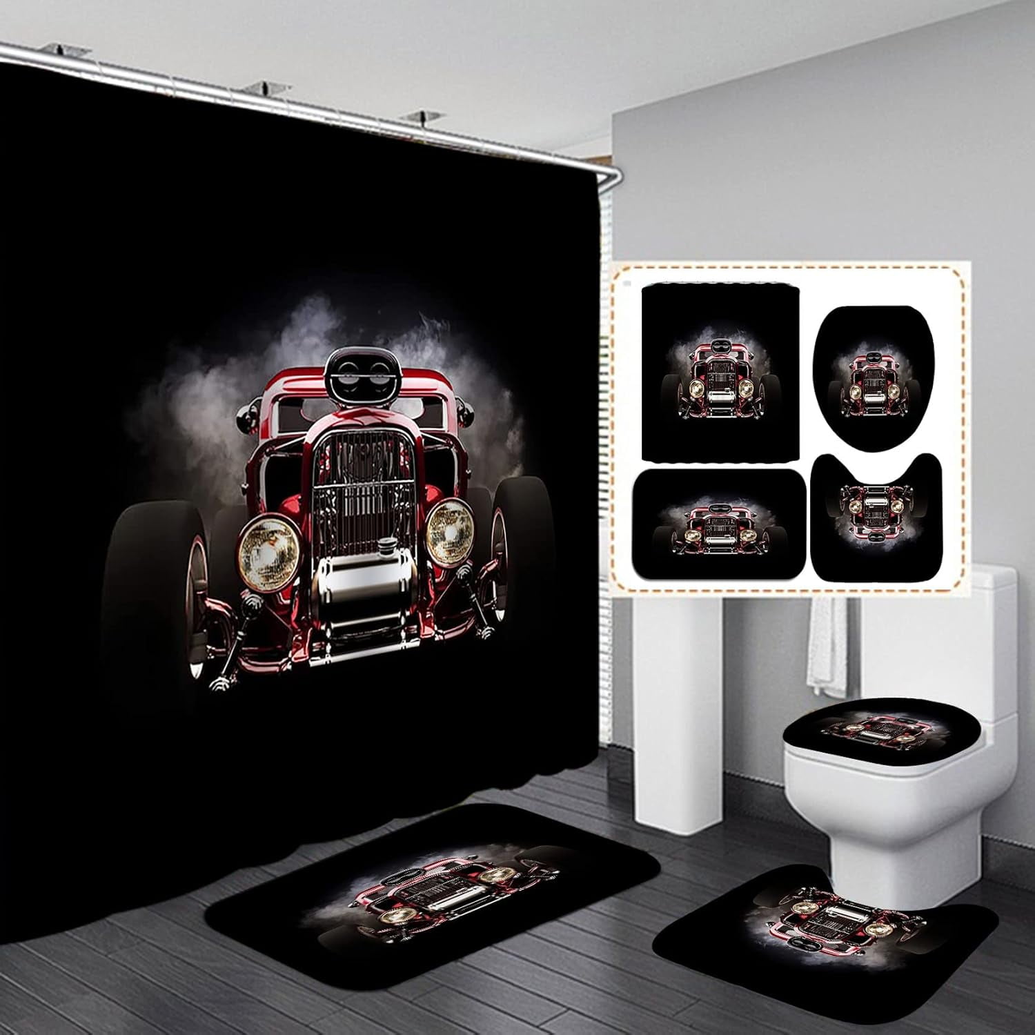 4PCS Vintage Motorcycle Shower Curtain Set, Gas Station Motocross ...