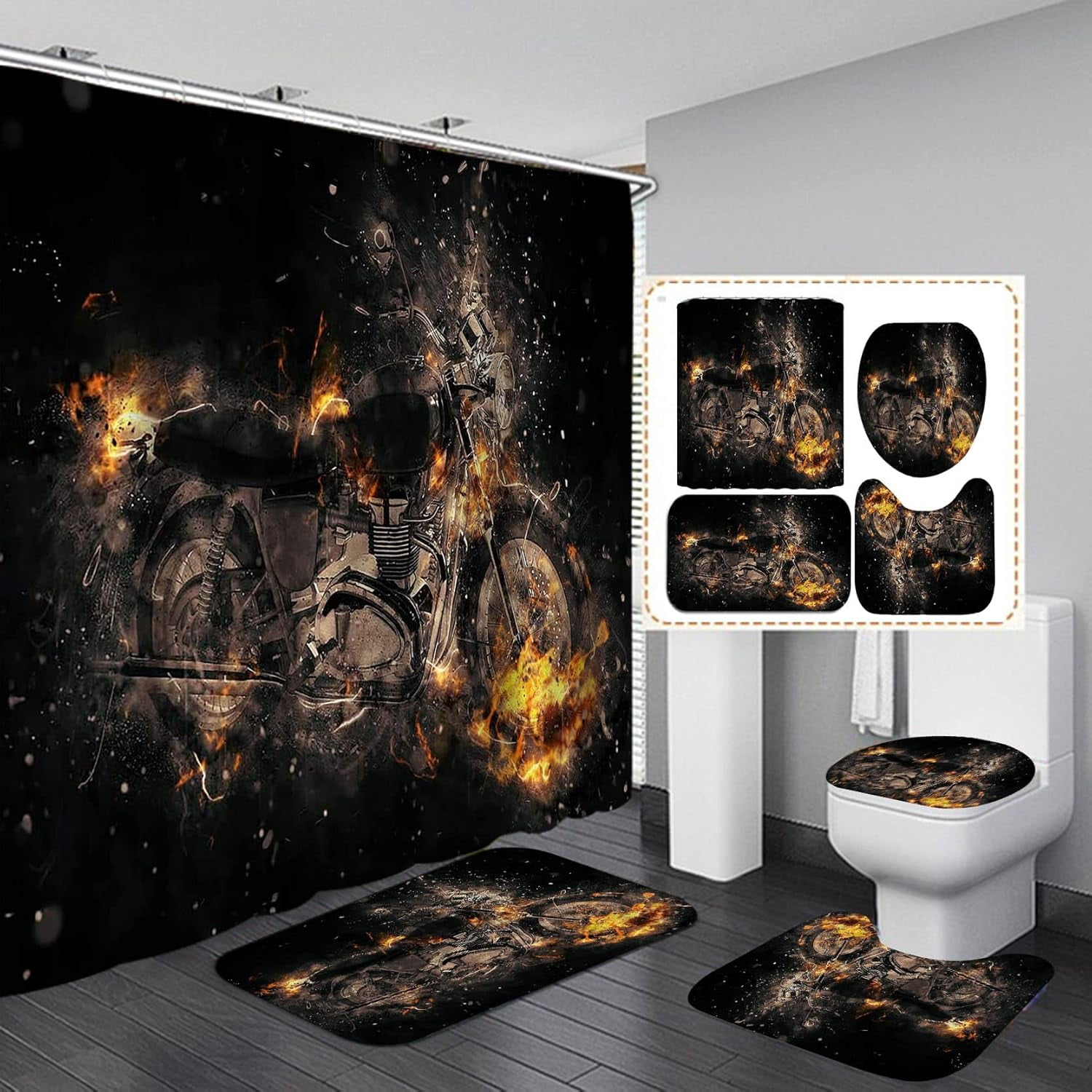 4PCS Vintage Motorcycle Shower Curtain Set, Sexy American Woman Dirt ...