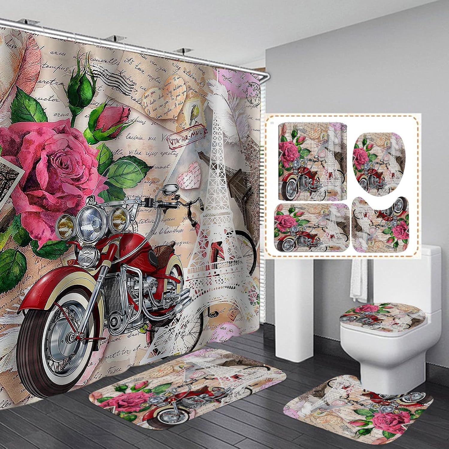 4PCS Vintage Motorcycle Shower Curtain Set, Sexy American Woman Dirt ...