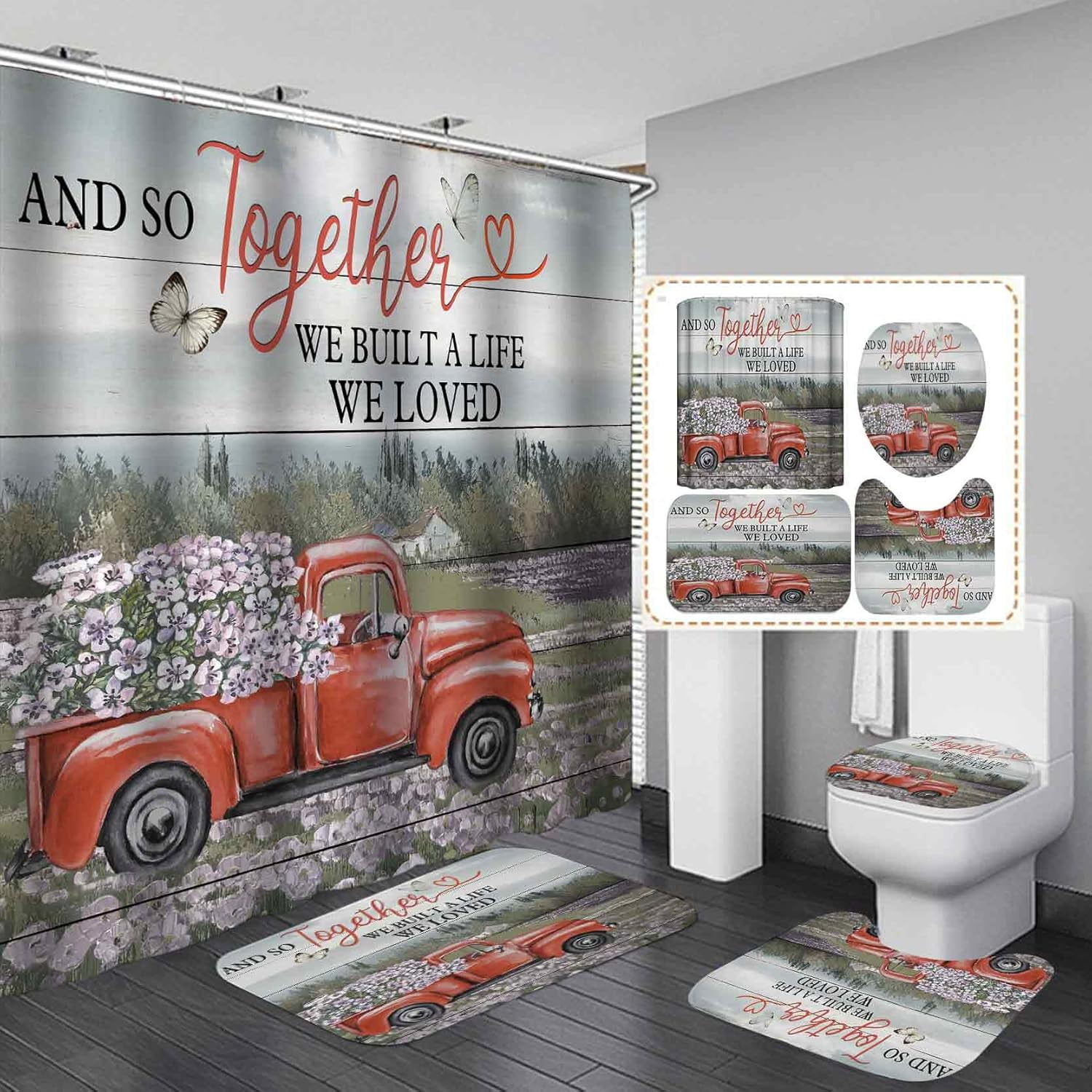 4PCS Vintage Red Farm Truck Shower Curtain Sets, Antique Car Retro ...