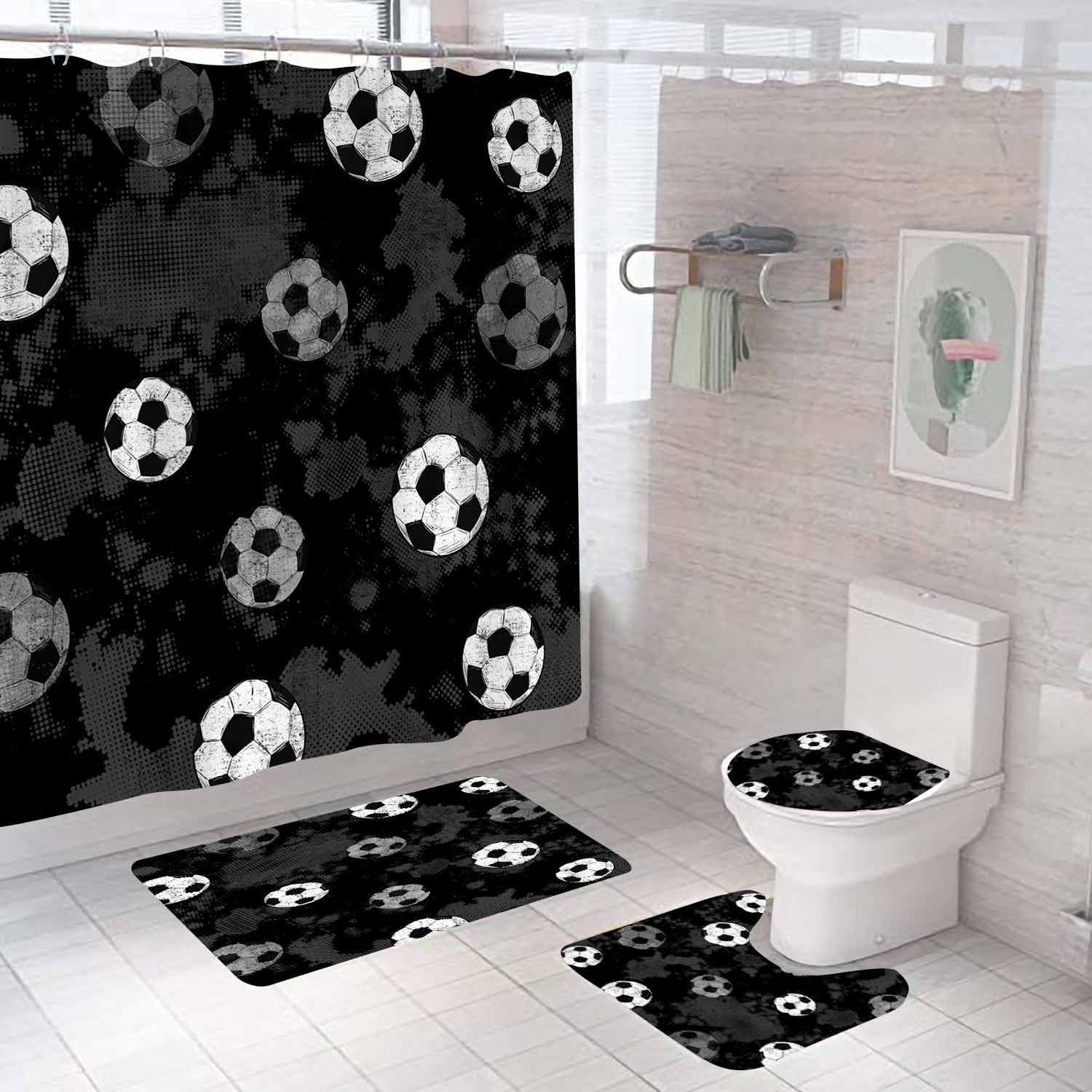 4PCS Vintage Soccer Shower Curtain Sets with Rugs, Sports Shower ...