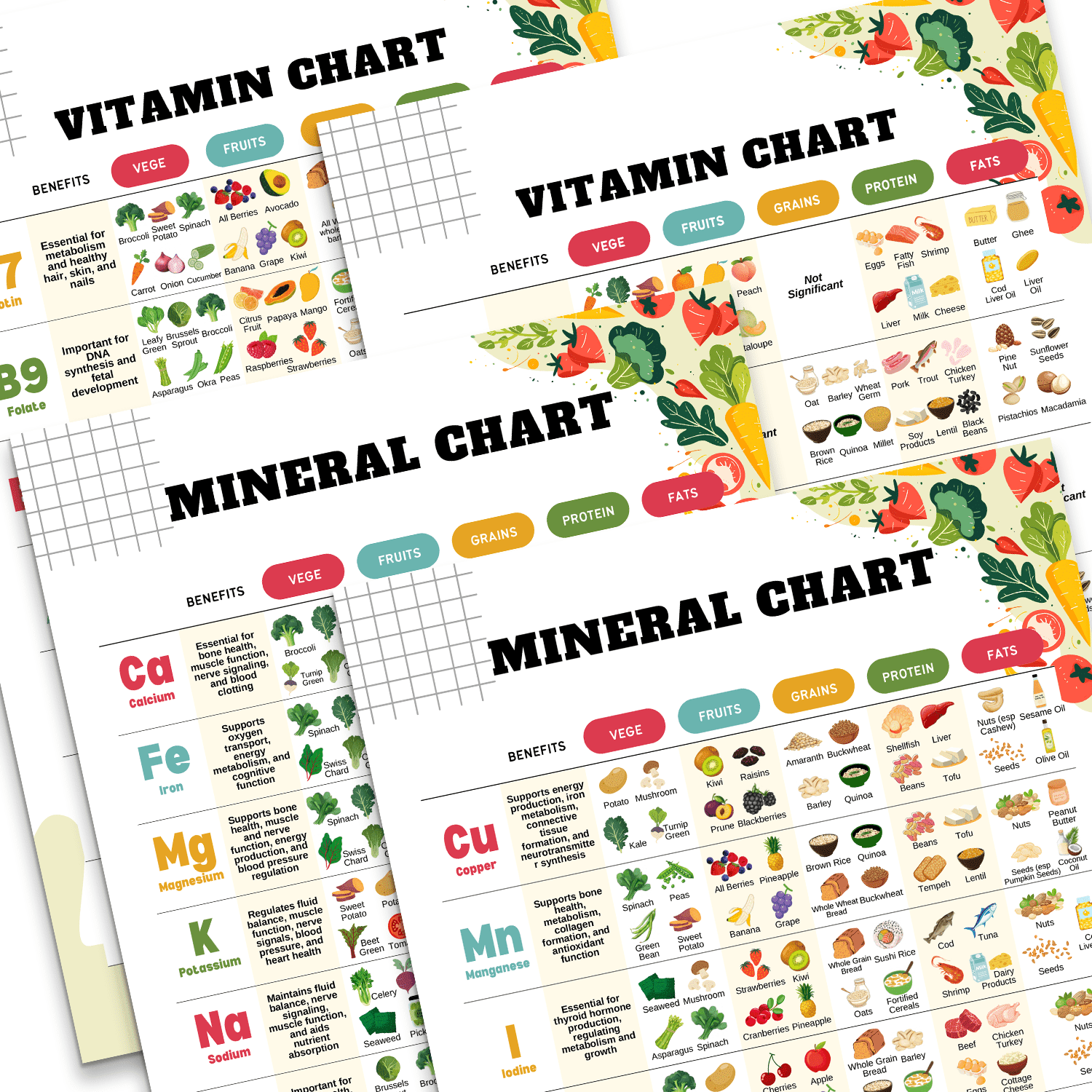 4PCS Vitamin & Mineral Chart – Essential Nutrients Guide, Mineral Vitamin Chart Poster - Walmart.com