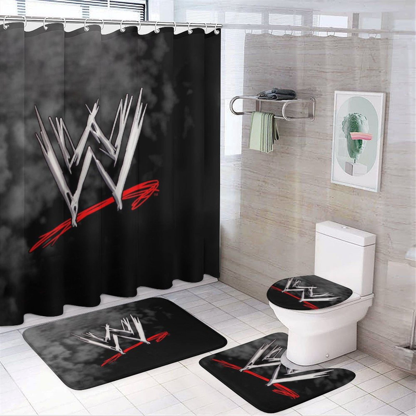 4PCS WWE Shower Curtain Set with Non-Slip Rugs Toilet Lid Cover and ...