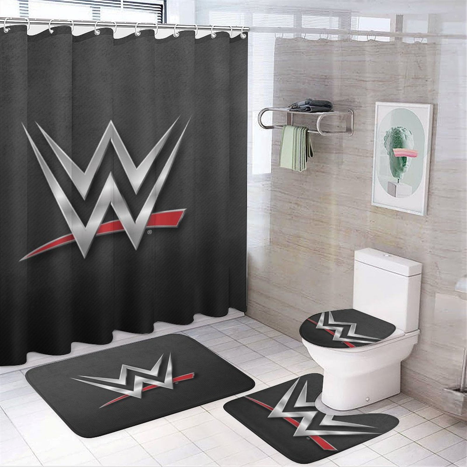 4PCS WWE Shower Curtain Set with Non-Slip Rugs Toilet Lid Cover and ...