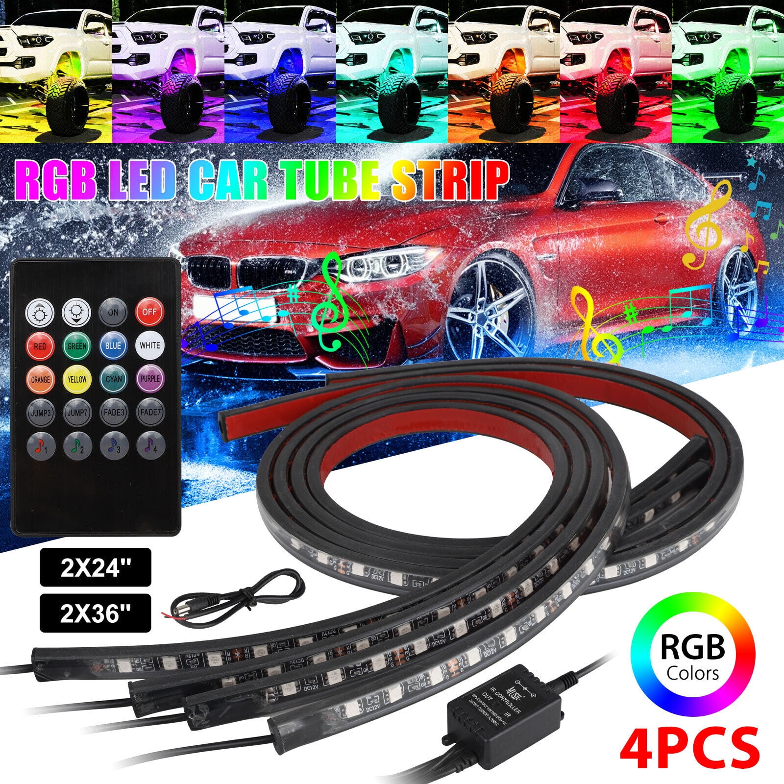 4PCS Waterproof RGB LED Under Car Tube Strip Underglow Body Neon Lights ...