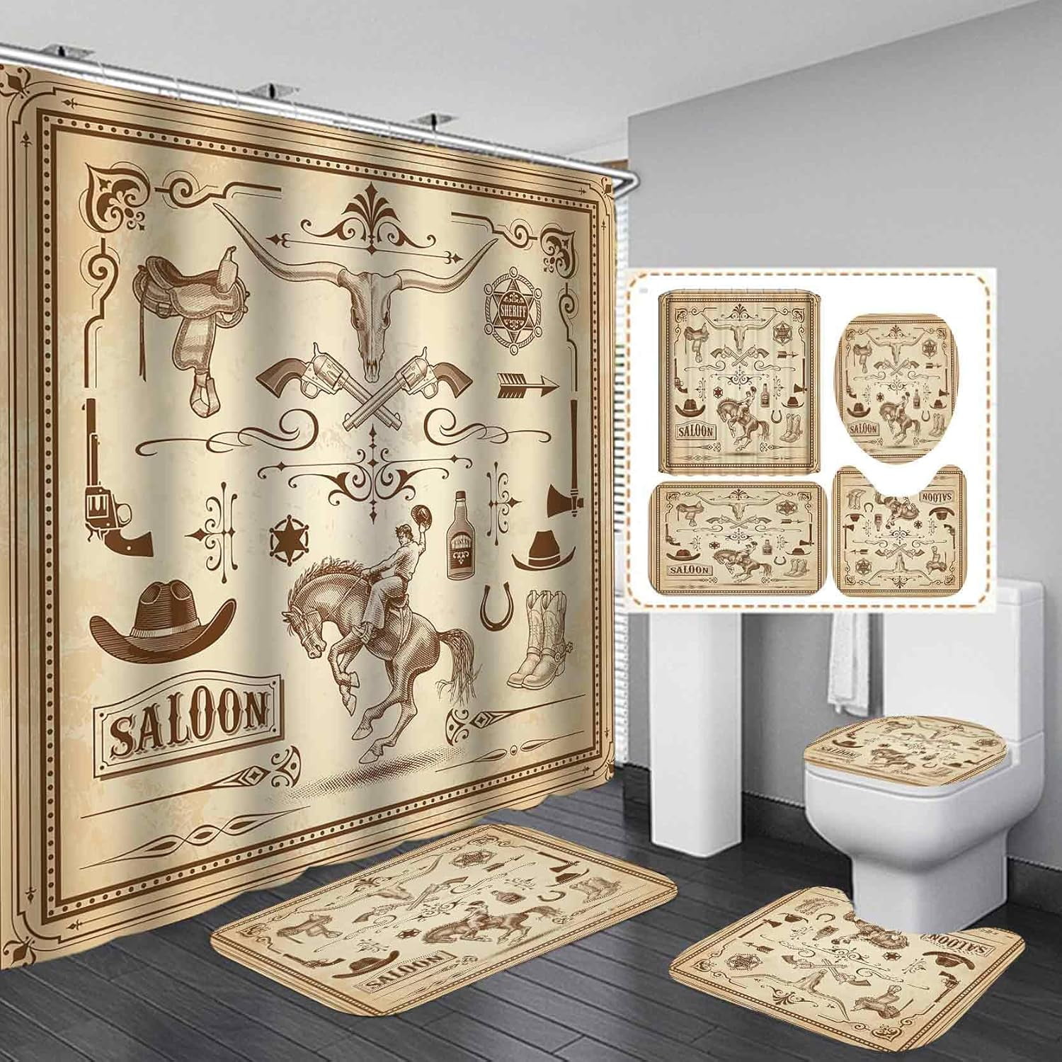 4PCS Western Cowboy Riding Horse Shower Curtain Set, Vintage Wild West ...