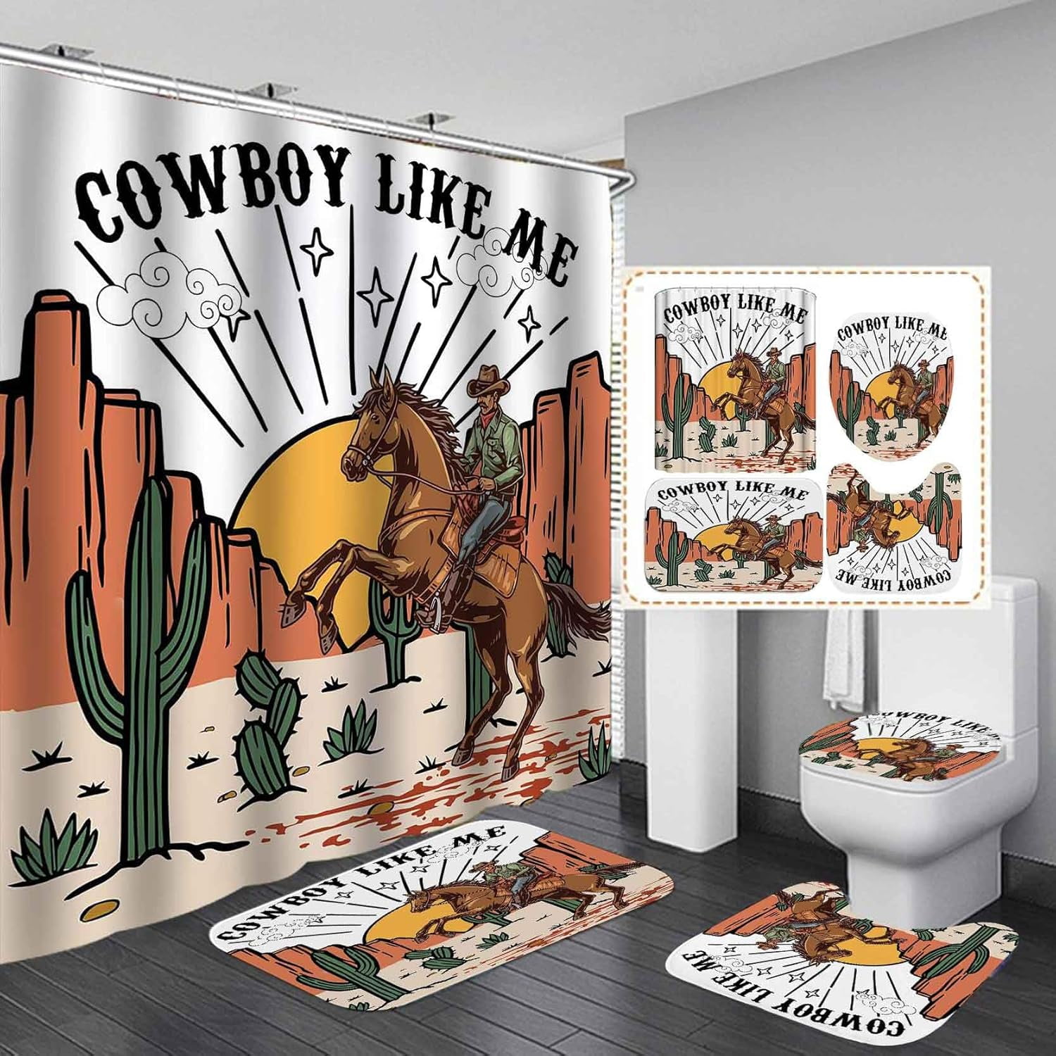 4PCS Howdy Cowgirl Shower Curtain Sets, Waterproof Fabric White Pink ...