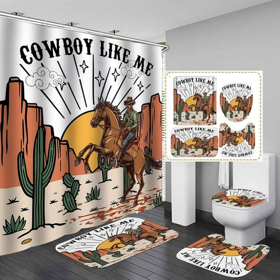 4PCS Howdy Cowgirl Shower Curtain Sets, Waterproof Fabric White Pink ...