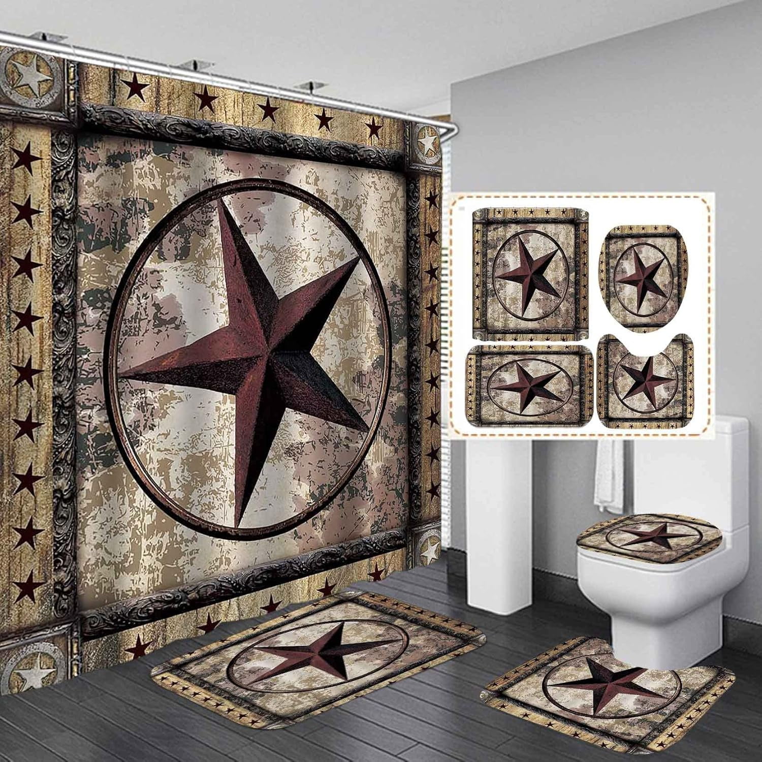 4PCS Western Shower Curtain Set, Bless Our Home Vintage Texas Barn Star ...