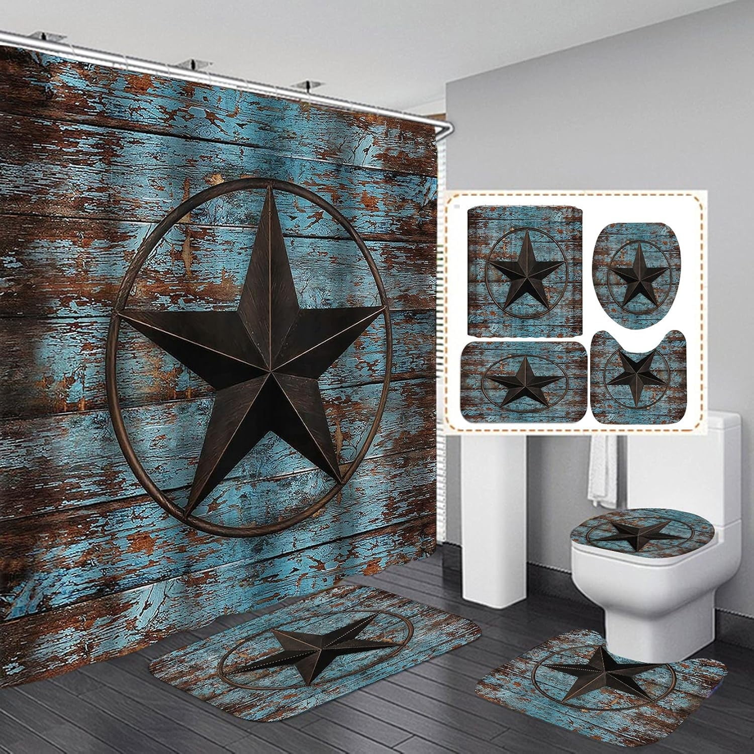 4PCS Western Shower Curtain Set, Brown Texas Star Primitive Berry ...