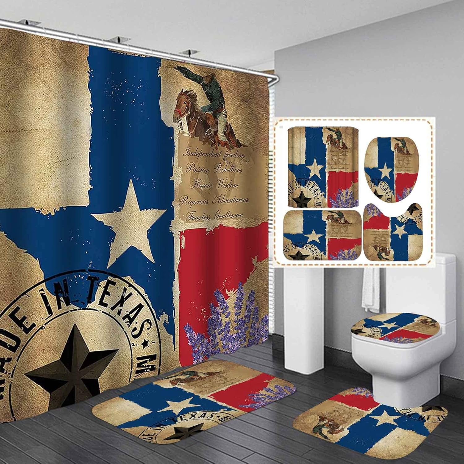 4PCS Western Shower Curtain Set, Cowboy Riding Horse Gun Cow Skull ...