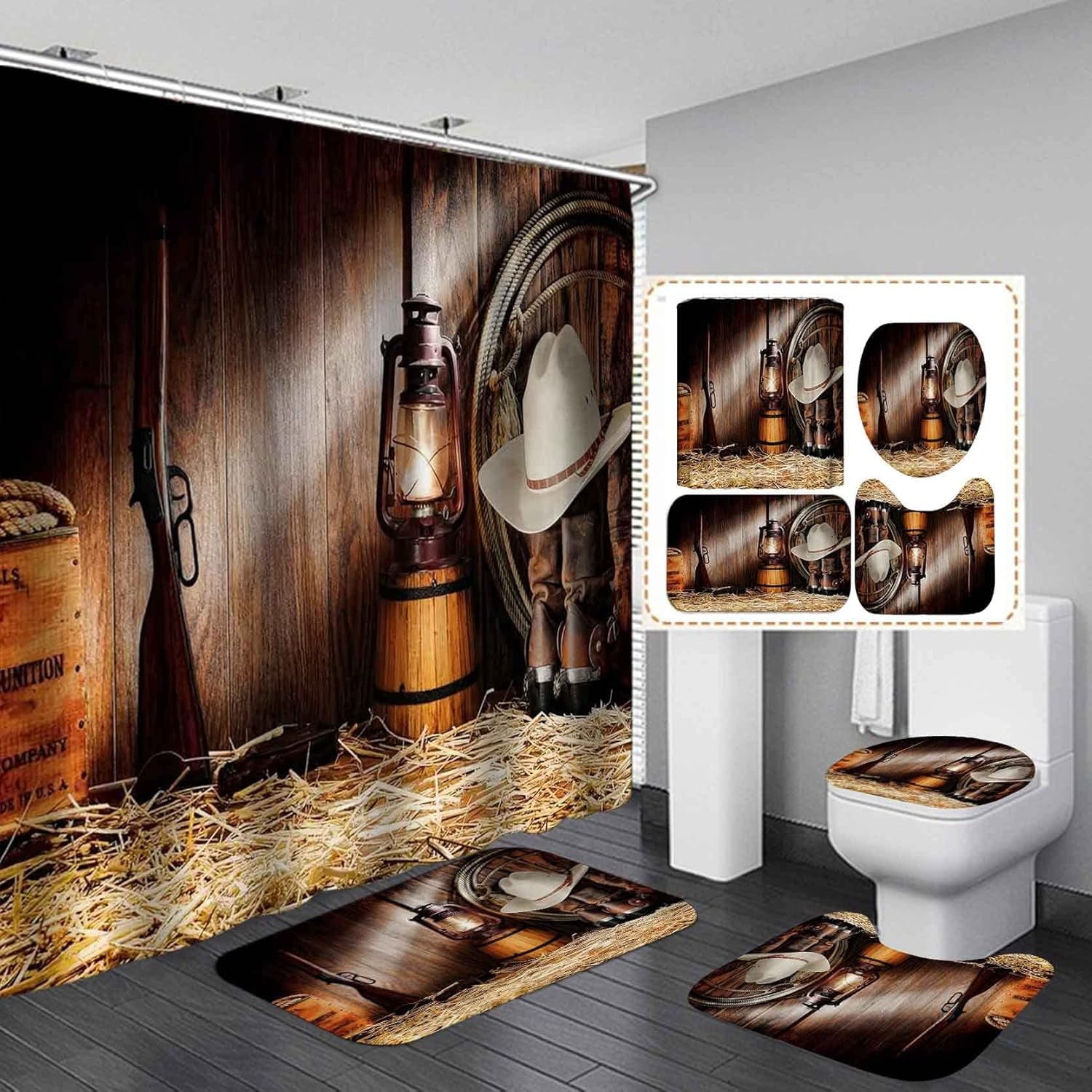 4PCS Western Shower Curtain Set, Rodeo Cowboy Boots Hat Horseshoe Barn Texas Star Wild West ...