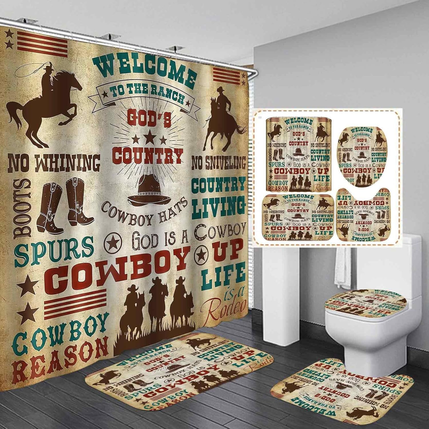 4PCS Western Shower Curtain Set, Rodeo Cowboy Riding Horse Stallion ...