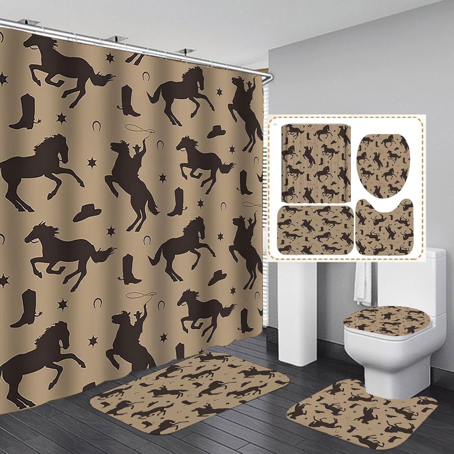 4PCS Western Shower Curtain Set, Rodeo Cowboy Riding Horse Stallion ...