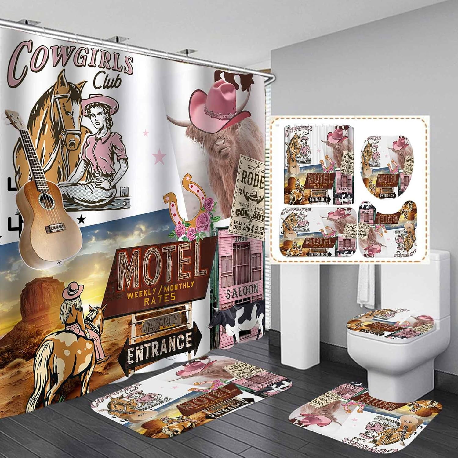 4PCS Western Shower Curtain Set, Rodeo Cowboy Riding Horse Stallion ...