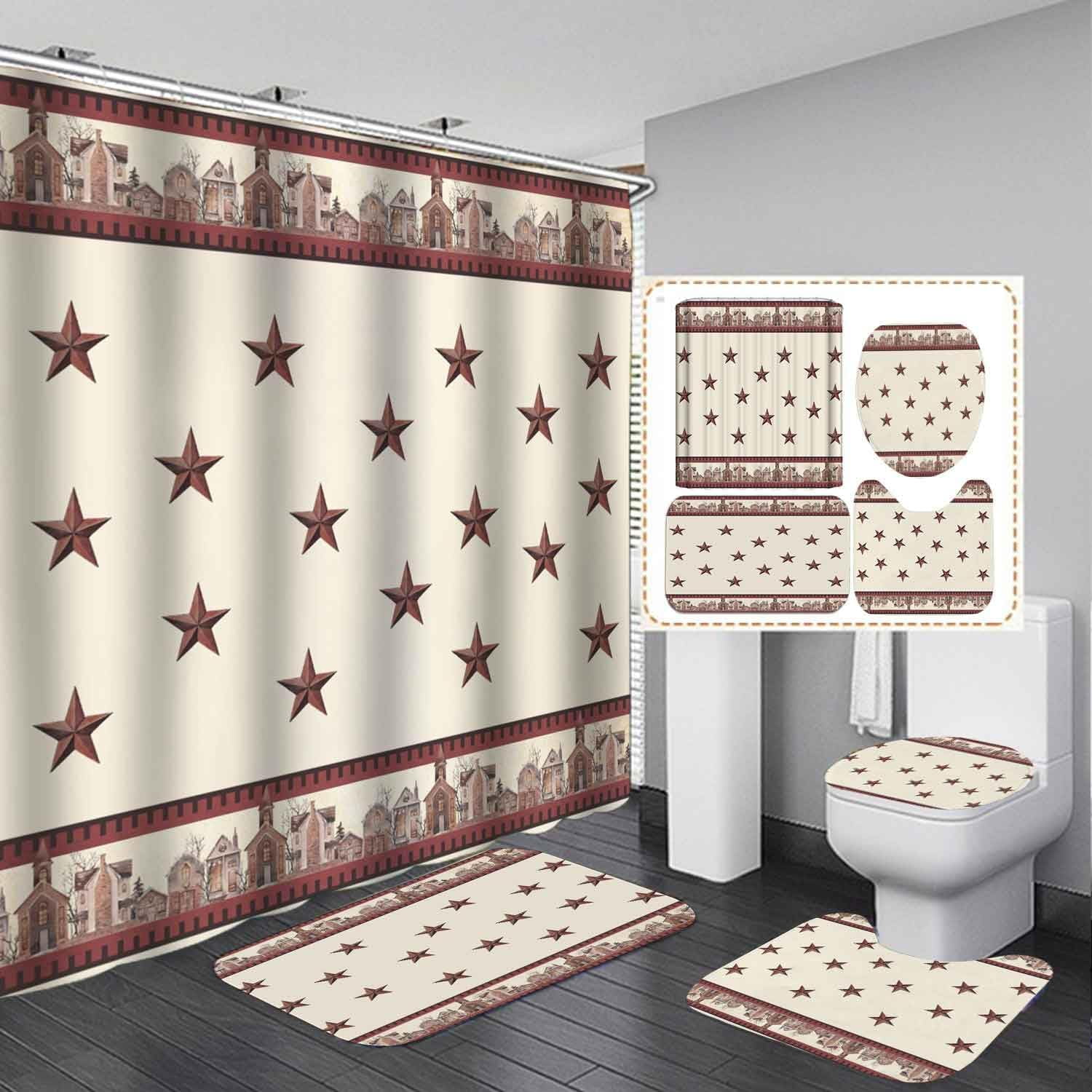 4PCS Western Shower Curtain Sets With Rugs, Country Barn Door Shower ...