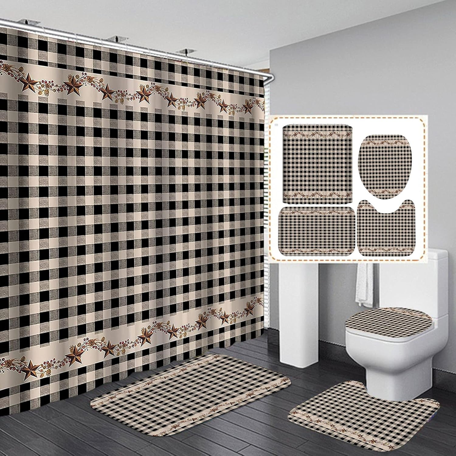 4PCS Western Texas Star Shower Curtain Sets with Rugs, Primitive Shower ...