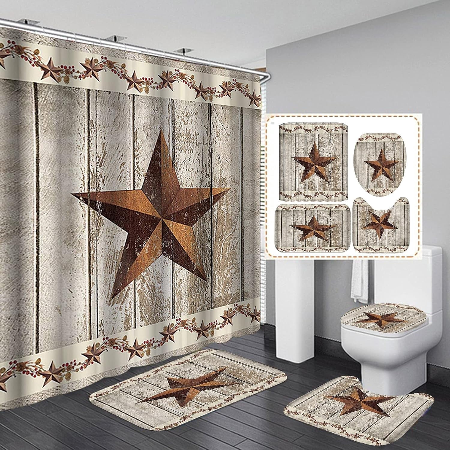 4PCS Western Texas Star Shower Curtain Sets with Rugs, Waterproof ...