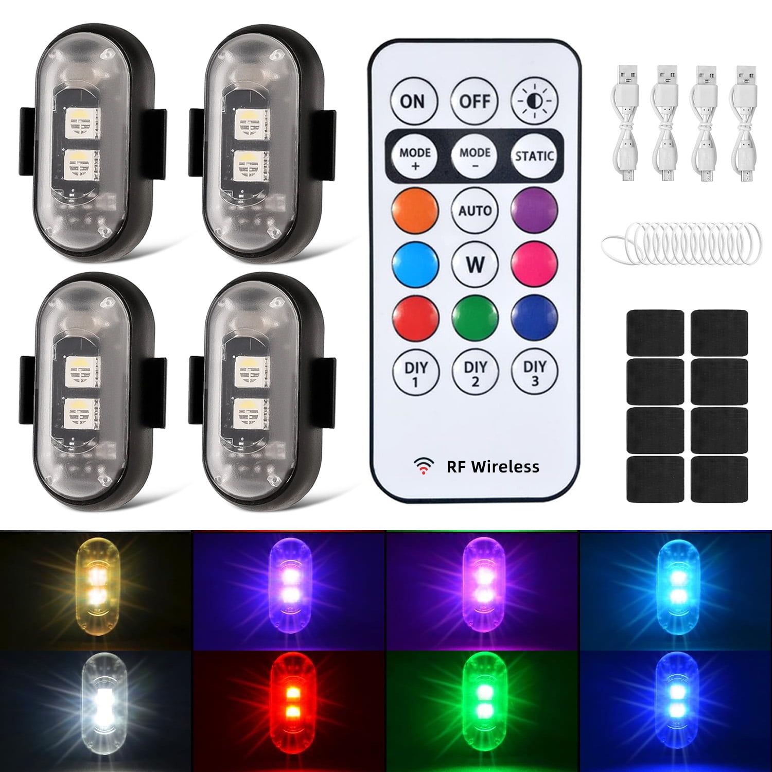 4PCS Wireless LED Strobe Lights for Car, Motorcycle, Drone, Bike - RGB ...