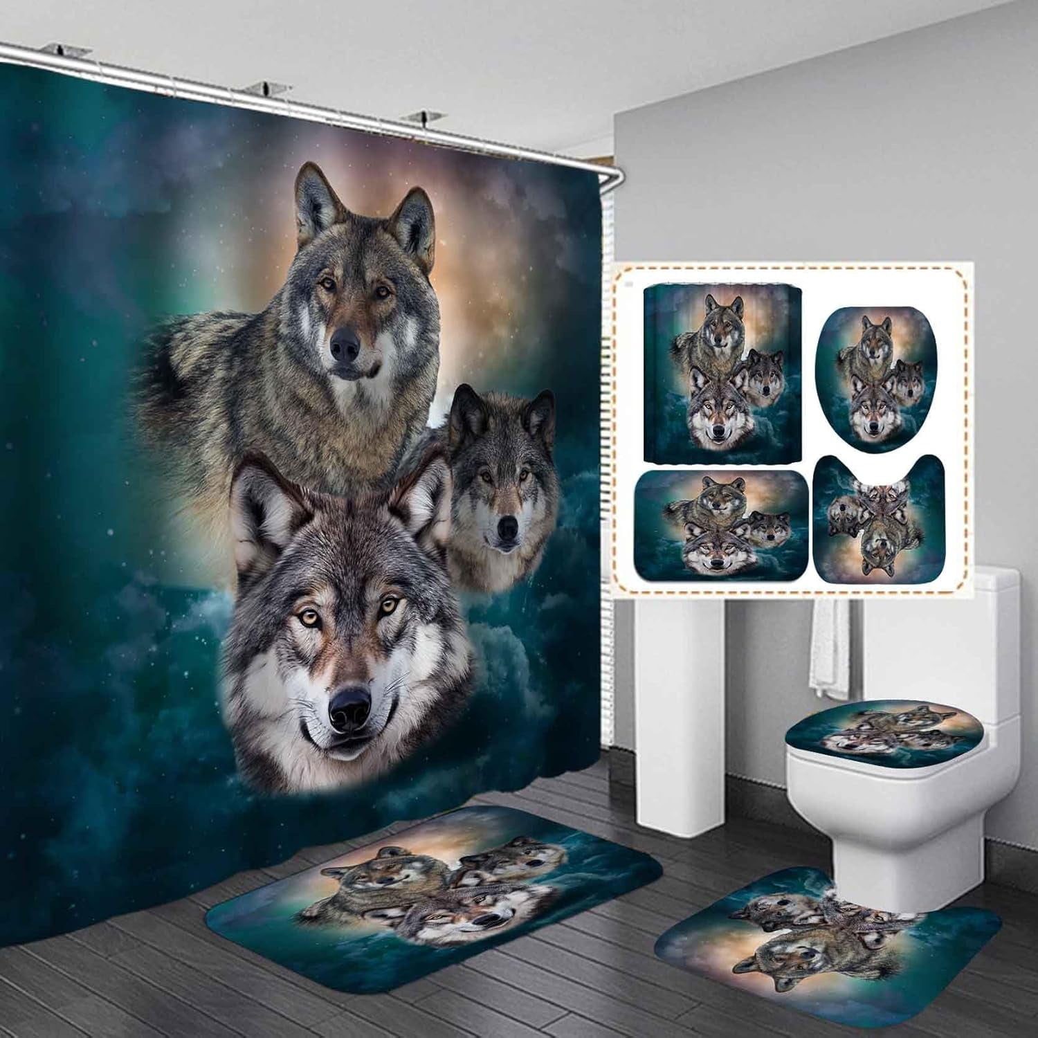 4PCS Wolf Shower Curtain Set, Wild Animal Wildlife Wolves Bathroom ...