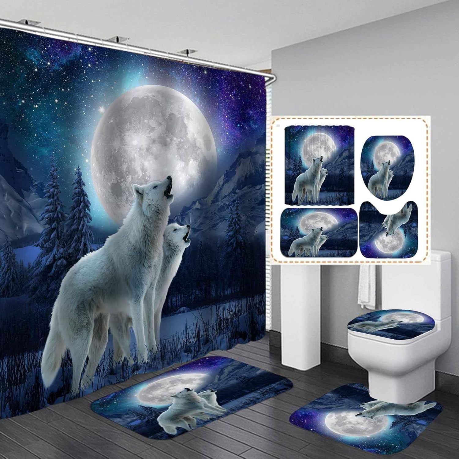 4PCS Wolf Shower Curtain Set, Wild Animal Wildlife Wolves Bathroom ...