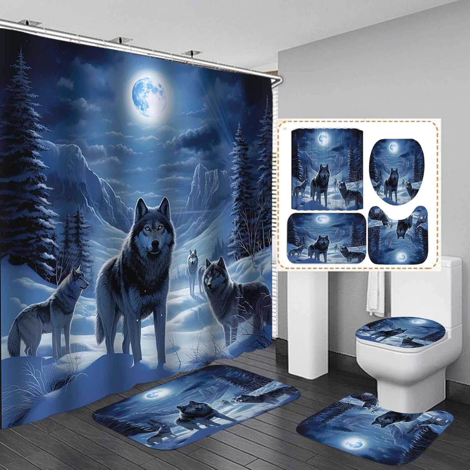 4PCS Wolf Shower Curtain Set, Wild Animal Wildlife Wolves Bathroom ...