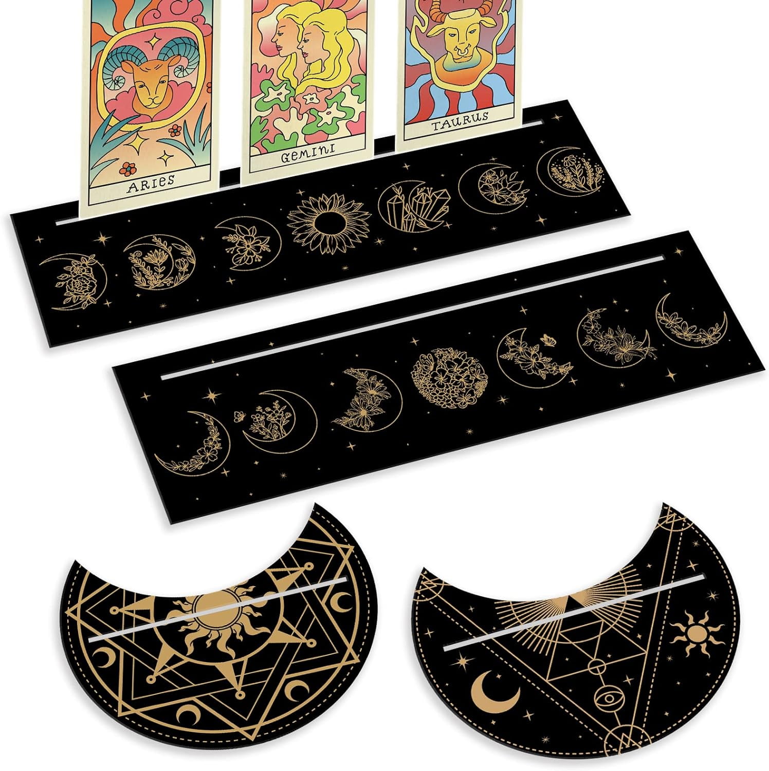4PCS Wooden Tarot Card Holder Stand Moon Phase Tarot Card Stand Flowers Design Tarot Card Stand ...