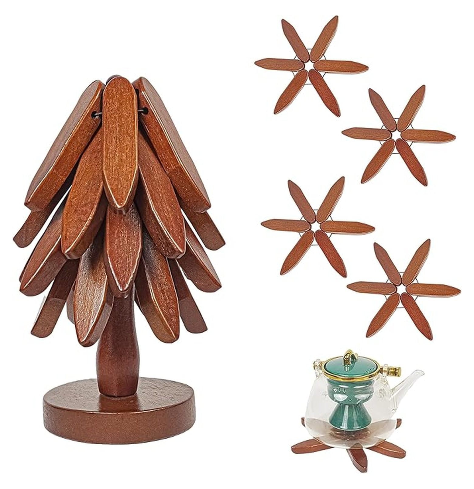4PCS Wooden Trivets for Hot Dishes, Tree Shape Trivet Set,4 Wood + 1 ...