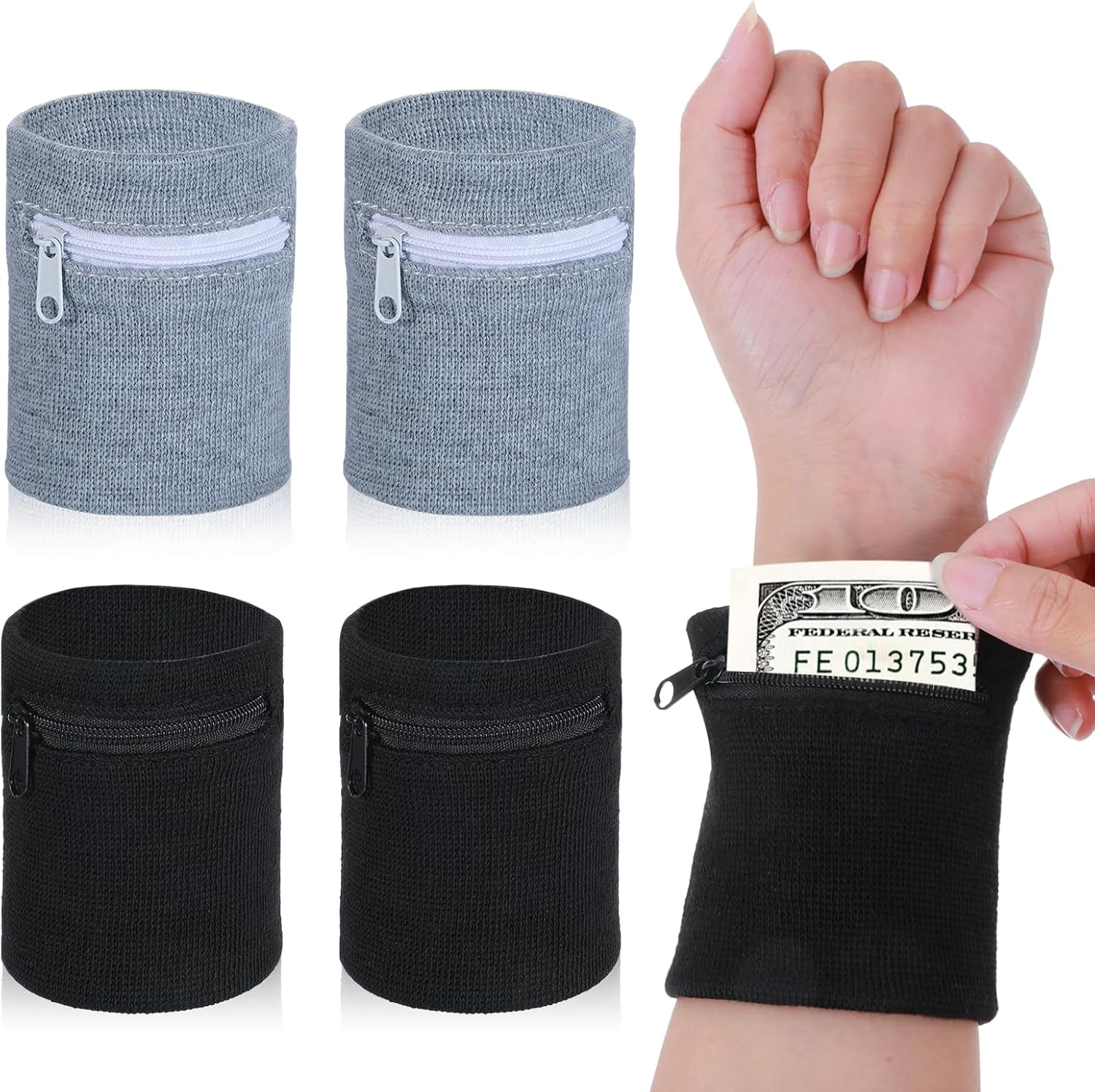 4PCS Wrist Wallet with Zipper, Wristband Wrist Sweatband with Zipper ...