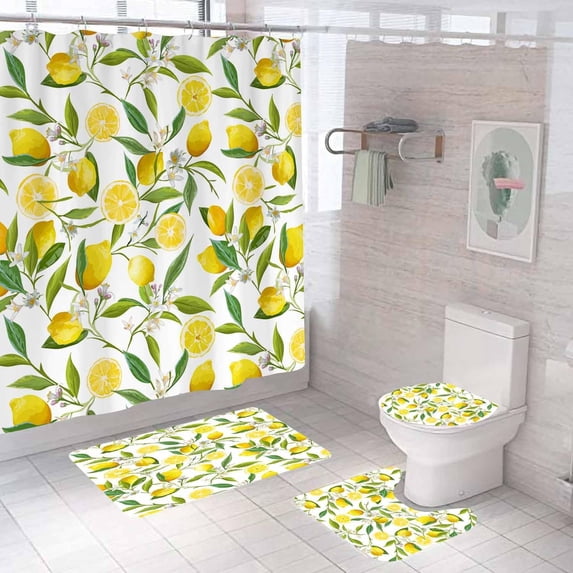 4PCS Yellow Lemon Shower Curtain Sets with Rugs, Kids Adult Waterproof ...