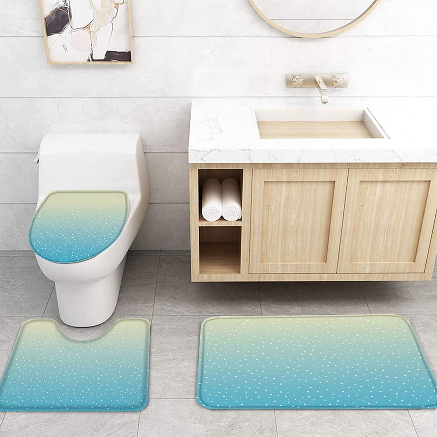 4PCS Yellow Turquoise Bathroom Set with Shower Curtain Set, Toilet Lid ...