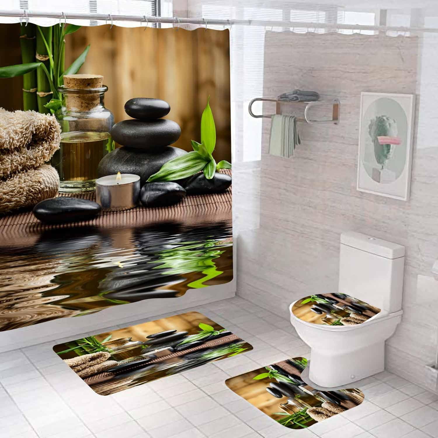 4PCS Zen Spa Shower Curtain Sets With Rugs, Waterproof Fabric Blue ...