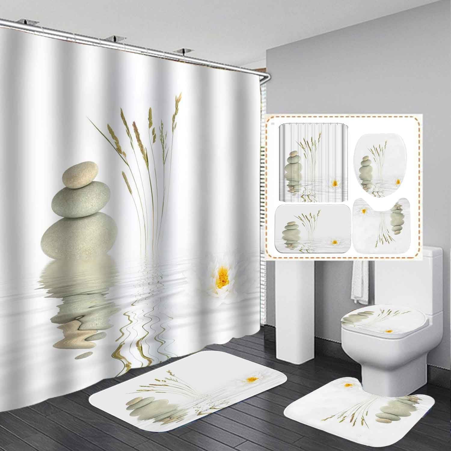 4PCS Zen Spa Shower Curtain Sets With Rugs, Waterproof Fabric Blue ...