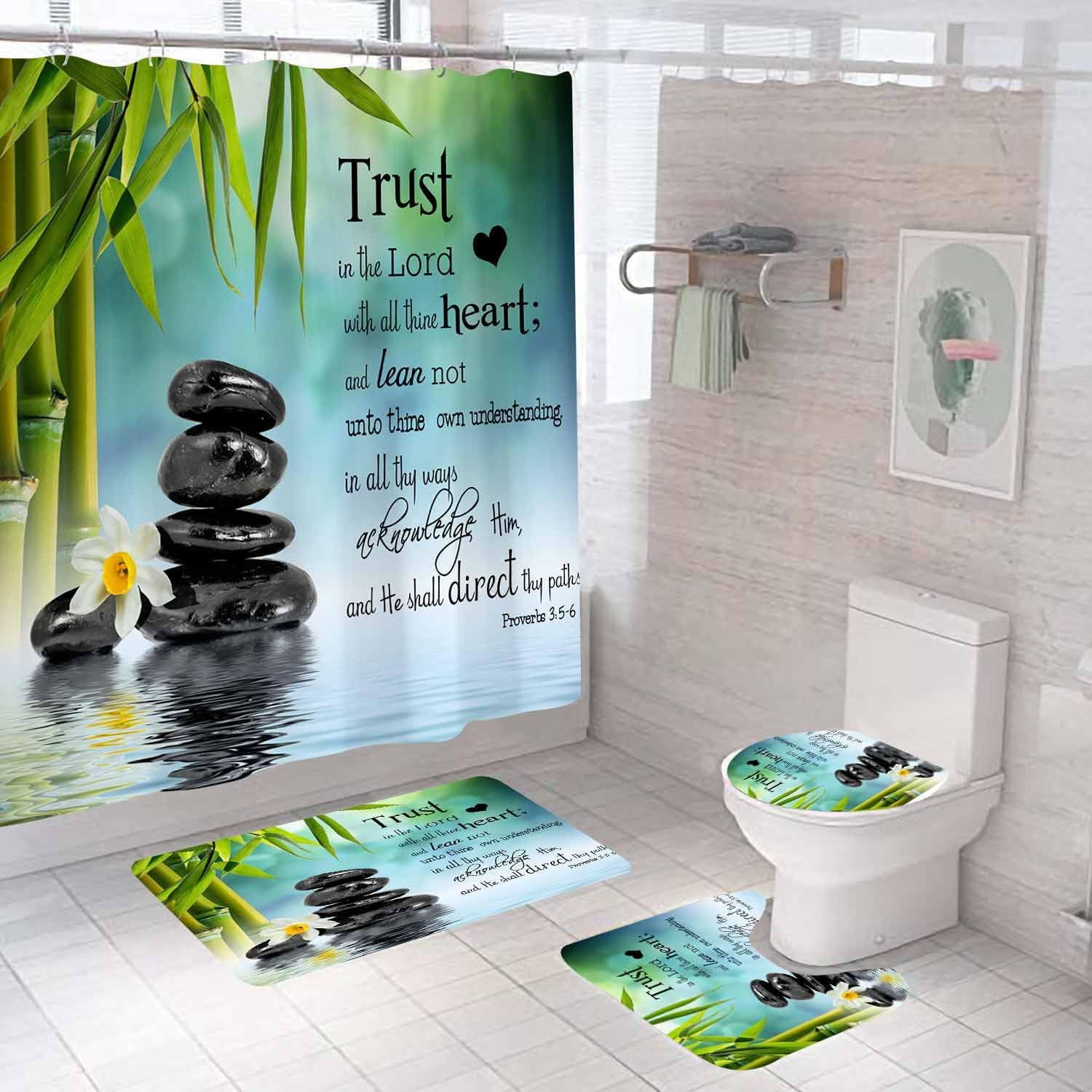 4PCS Zen Spa Shower Curtain Sets With Rugs, Waterproof Fabric Blue ...