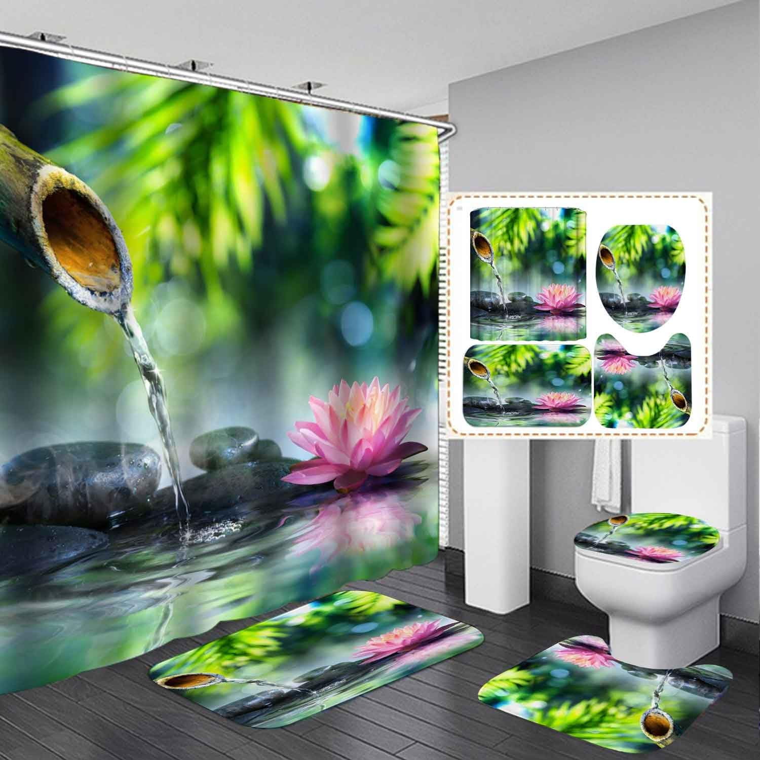 4PCS Zen Spa Shower Curtain Sets with Rugs, Waterproof Fabric Shower ...